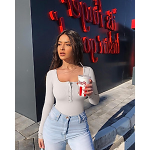 OQQ Women's 2 Piece Sexy Ribbed One Long Sleeve Button Square Neck Top BodySuit, Black,pumic Grey, Small