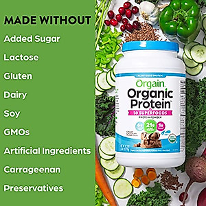 Orgain Organic Protein + Superfoods Powder, Creamy Chocolate Fudge - 21g of Protein, Vegan, Plant Based, 6g of Fiber, No Dairy, Gluten, Soy or Added Sugar, Non-GMO, 2.02 Lb