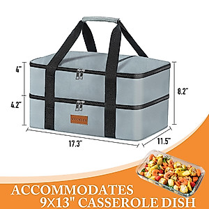 Cooklux Insulated Casserole Carrier - Double Decker Design, Food Warmer Bag for Hot&Cold Food Travel, Fits 9x13 Casserole Dish, Leak-Proof, Durable Nylon, Zip Pockets, Grey