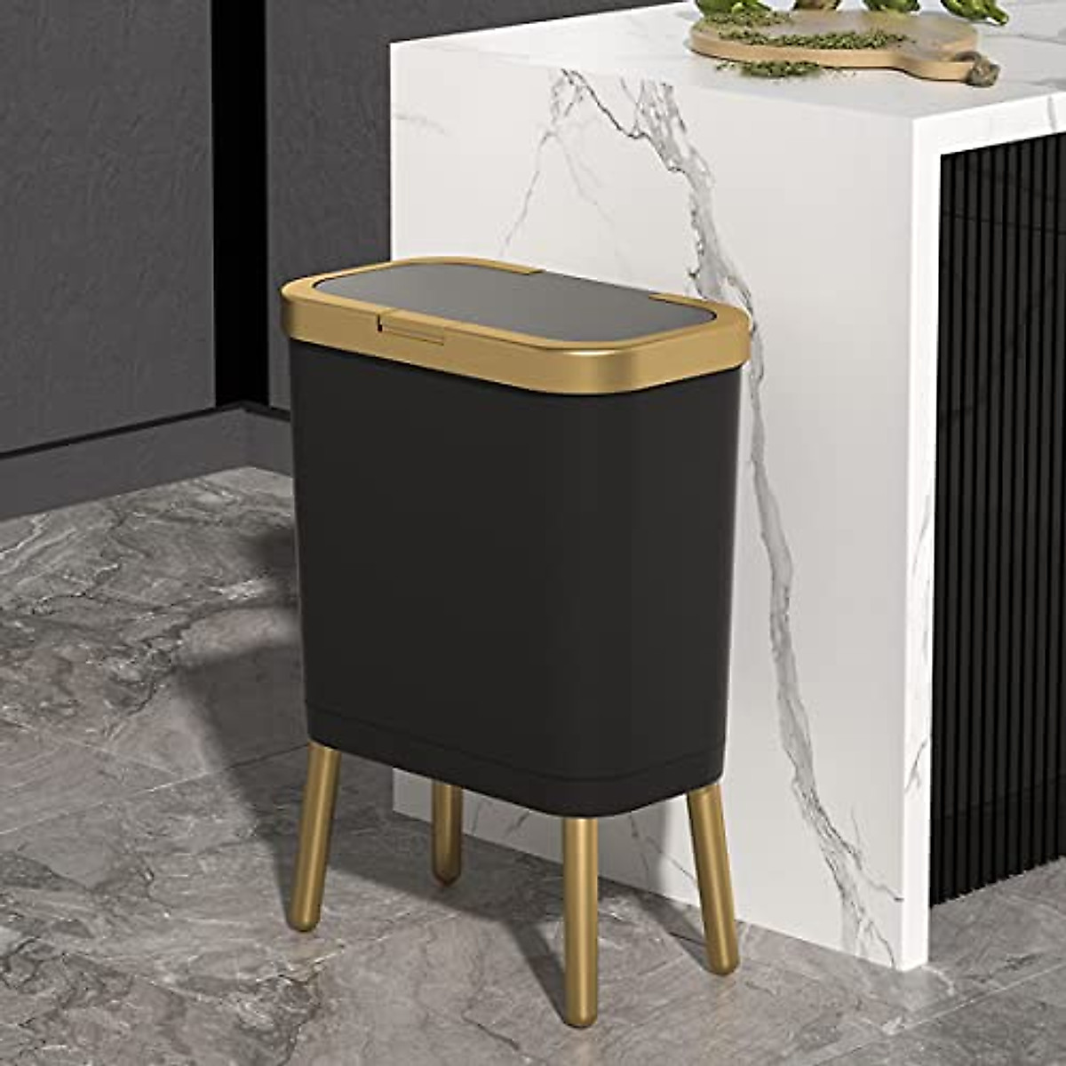 Doyingus Trash Can with Lid, 3.3 Gal Plastic Garbage Can with Legs, Slim Waste Basket with Push Button for Kitchen Bathroom (Black)