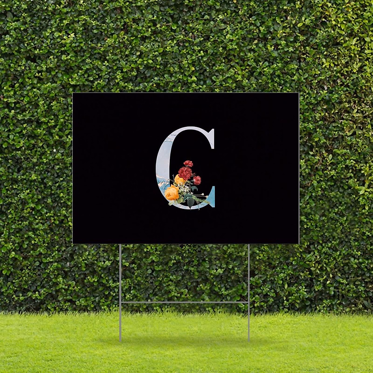 Floral Monogram Letter C Blue Ink Lettering Lawn Yard Signs Alphabet Letter Corrugated Sign for Garage Sales Rent Open House Construction 12"x18"