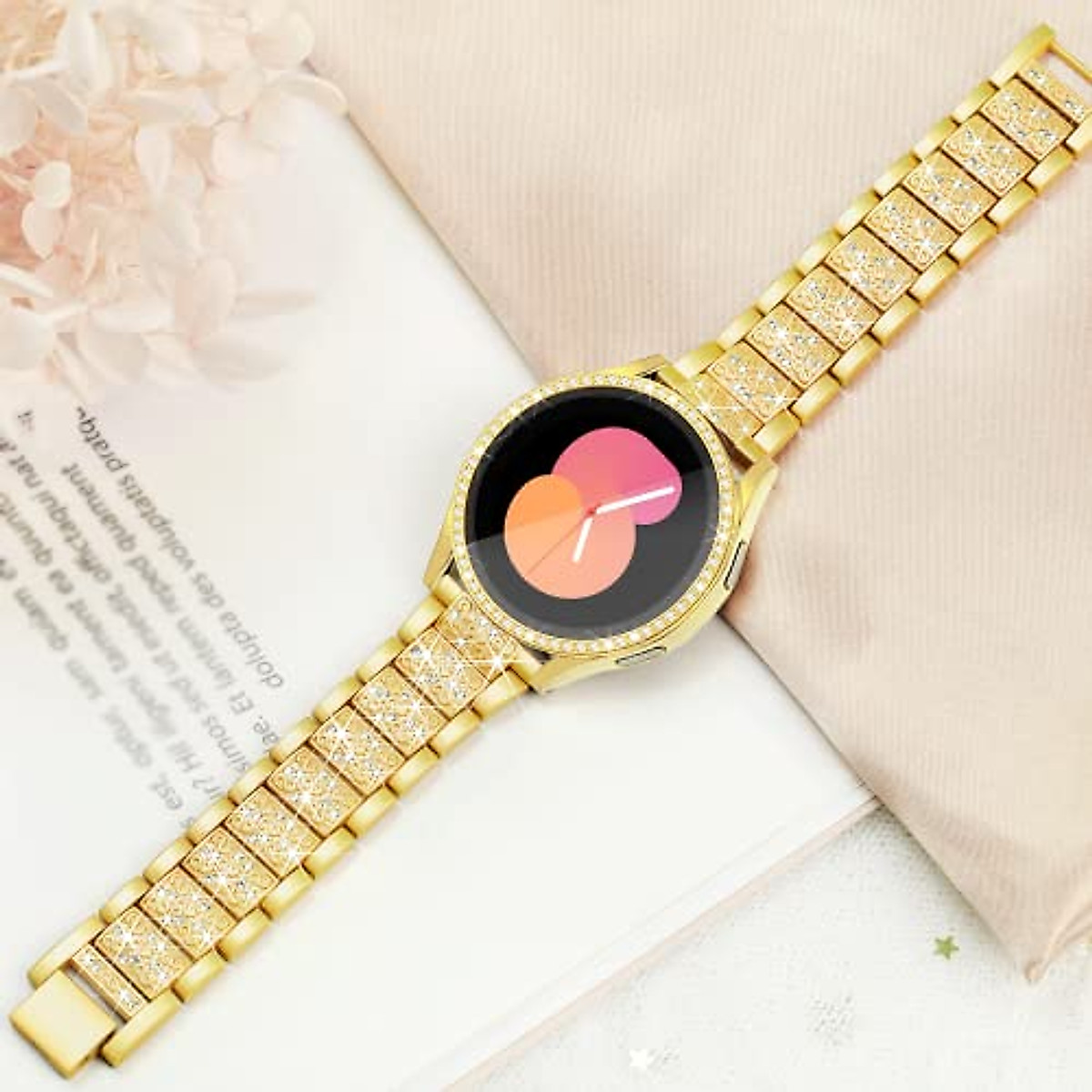 Compatible with 20mm Samsung Galaxy Watch 5/ Watch 4 +40mm Diamond Case, Fashion Bling Diamond Band for Women, Glitter Cute Metal Bracelet, Slim Luxury Band for Watch 5/ Watch 4 -Gold