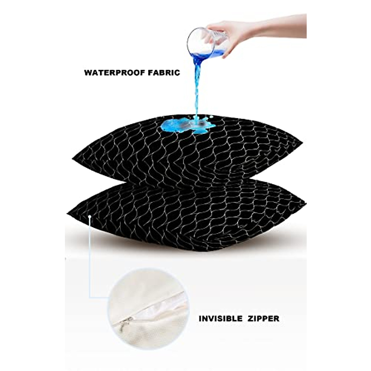 Outdoor Pillows 18x18 Waterproof Outdoor Pillow Covers, Black Wave Line Printed Polyester Throw Pillow Covers Garden Cushion Decorative Case for Patio Couch Decoration Set of 2, Black Texture