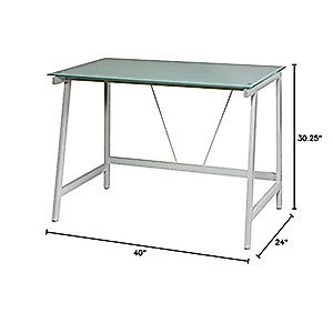 OneSpace Contemporary Glass Writing Desk, Steel Frame, White and Cool Blue