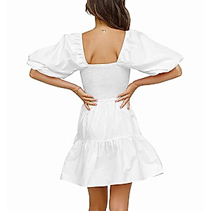 Atizon Women's Summer Smocked Dress Square Neck Puff Sleeve Casual Vintage Off Shoulder A-Line Short Mini Dress