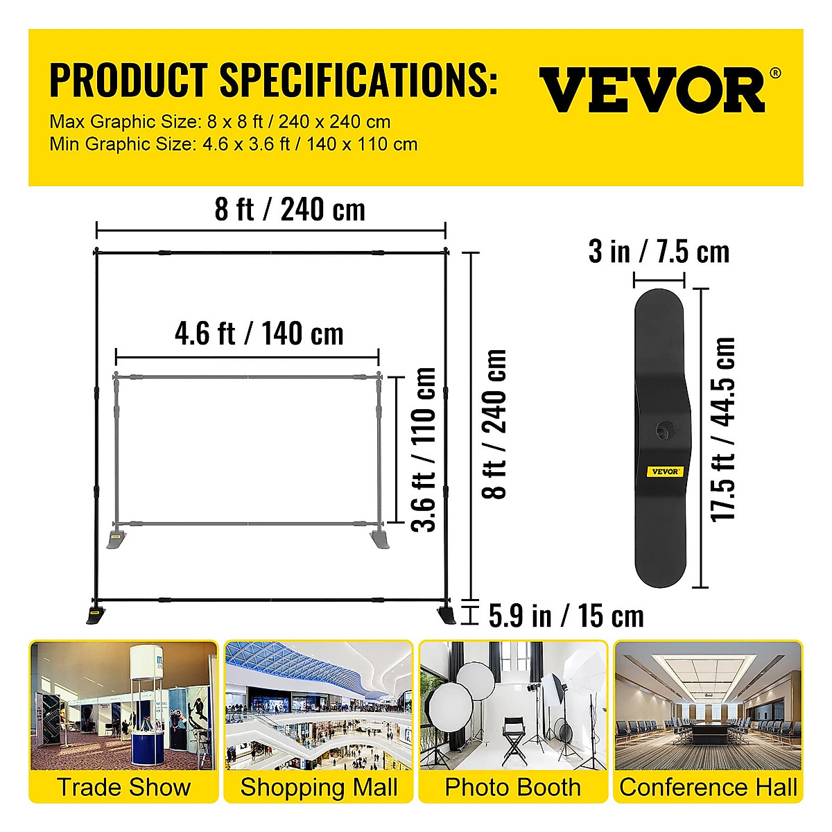 VEVOR 8 X 8 Ft Banner Stand Adjustable Height and Width Display Backdrop Lightweight Portable Trade Show Wall for Photography