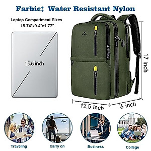 Travel Carry on Backpack, Flight Approved Laptop Backpack with USB Charging Port, Durable Computer Bag for Men Women Fits 15.6 In Laptop, Anti-Theft Waterproof Work Daypack for Business College, Green