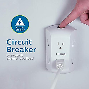 PHILIPS 6-Outlet Extender with Resettable Circuit Breaker, Grounded Adapter, Multi Outlet Wall Charger, Side Access, Space Saving Design, Wall Tap, White, SPS1460WH/37