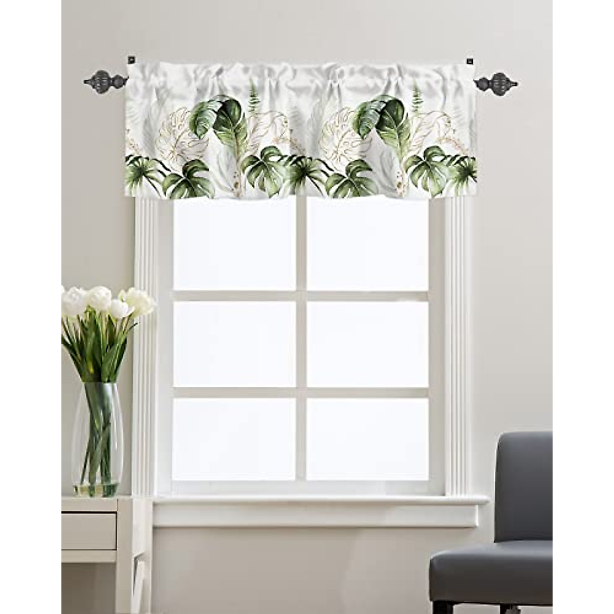 Curtain Valance for Windows Summer Tropical Monstera Leaves Kitchen Valances Rod Pocket Short Curtains,Green Plants Foliage Gold Powder on White Window Treatment Panel for Living Room 42x12in