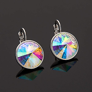 Austrian Crystals Round Drop Leverback Earrings for Women 14K Gold Plated Hypoallergenic Hoop Earrings (Aurora Borealis)