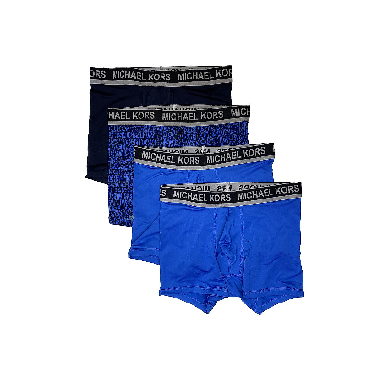 Michael Kors Men`s Performance Poly Boxer Briefs 4 Pack (Blue2(9F11X10954)/B_MK_Print, Small)