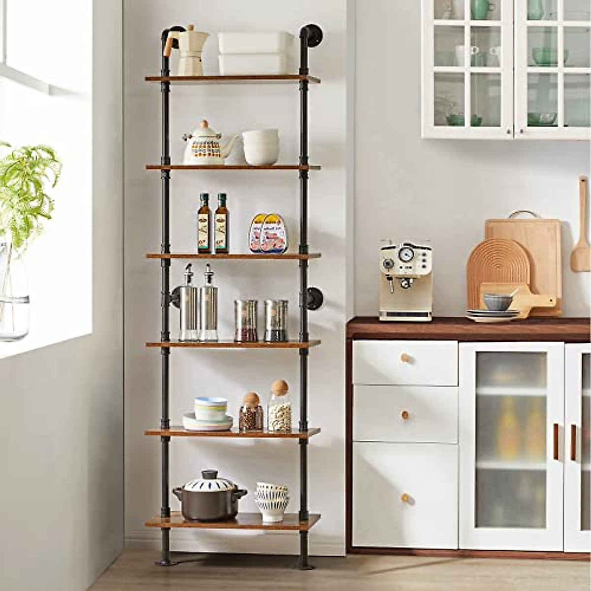 YMYNY Industrial 5+ 6-Tier Wall Mounted Bookcase with Metal Frame，HRF-TM018+HBC015H