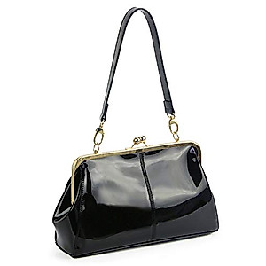 Vintage Kiss Lock Handbags Shiny Patent Leather Evening Shoulder Tote Bags with Chain Strap (Black)