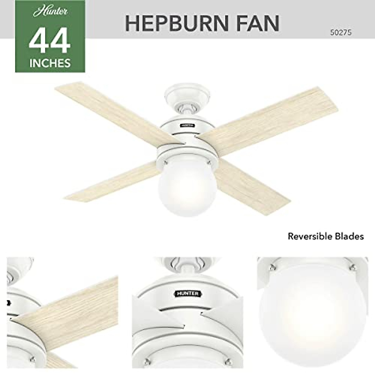 Hunter Fan Company 50275 Hepburn Ceiling Fan, 44, Matte White Finish