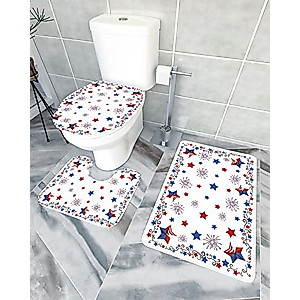 Wotrend 4th of July 3 Piece Bath Rugs Set Fireworks Patriotic Stars Farmhouse Bathroom Mats Absorbent Contour Soft Mat Toilet Lid Cover Bathroom Decor Set, 20"x32"+16"x18"+16"x20"