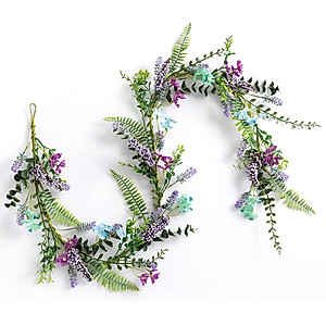 LOHASBEE Spring Garland, 5 Feet Artificial Summer Flower Flora Greenery Lavender Garland with Berries for Indoor Outdoor Garden Front Door Window Home Porch Farmhouse Wedding Stair Party Decor