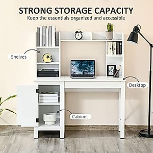 HOMCOM Farmhouse Computer Desk with Hutch and Cabinet, Home Office Desk with Storage, for Study, White