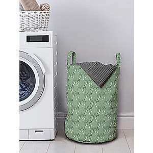Lunarable Mountains Laundry Bag, Continuous Nature Woodland Pattern Wanderlust Camping Minimal Trees Forest, Hamper Basket with Handles Drawstring Closure for Laundromats, 13" x 19", Reseda Green