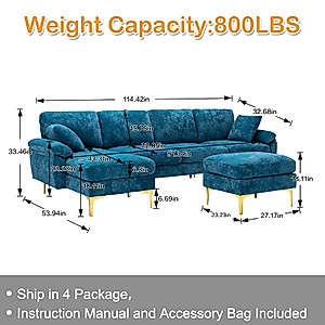 Pvillez Sectional Sofa with Chaise Lounge and Ottoman,Large Convertible Couches Set for Living Room,Plush Fabric L-Shape Couch with Golden Legs