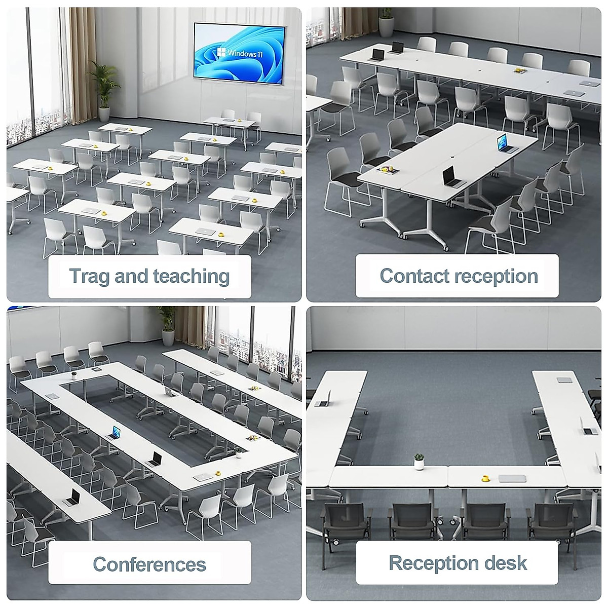 Conference Table Foldable Meeting Tables,4 Pcs Flip Top Mobile Training Table Modern White Portable Table with Silent Wheels, 62.9 "D x 23.6" W x 29.5 "H for Office,Meeting Room,Classroom