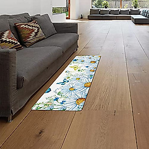 2 Pieces Kitchen Rugs Set Pastoral Butterfly Dragonfly Daisy Flower,Water Absorbent Soft Doormat Anti Fatigue Mat Blue Gradient Art,Non-Slip Rug Cushion Standing Mats for Bathroom Bedroom Entryway