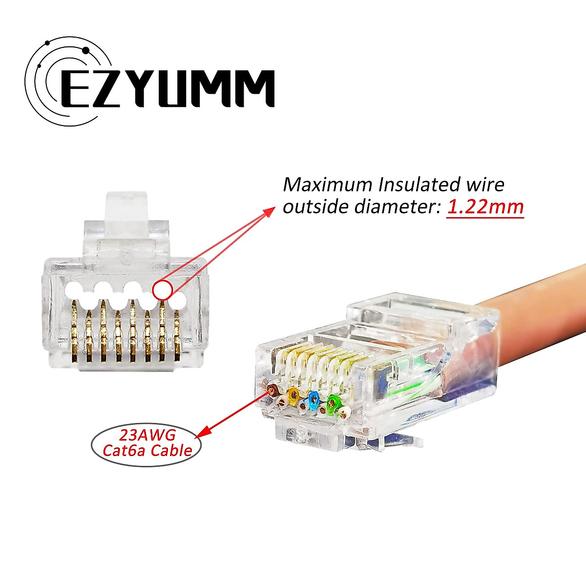EZYUMM 100 Pieces RJ45 Cat6a Pass Through Connectors Gold Plated Cat 6a Bold Connector for Thick 23 AWG Cables