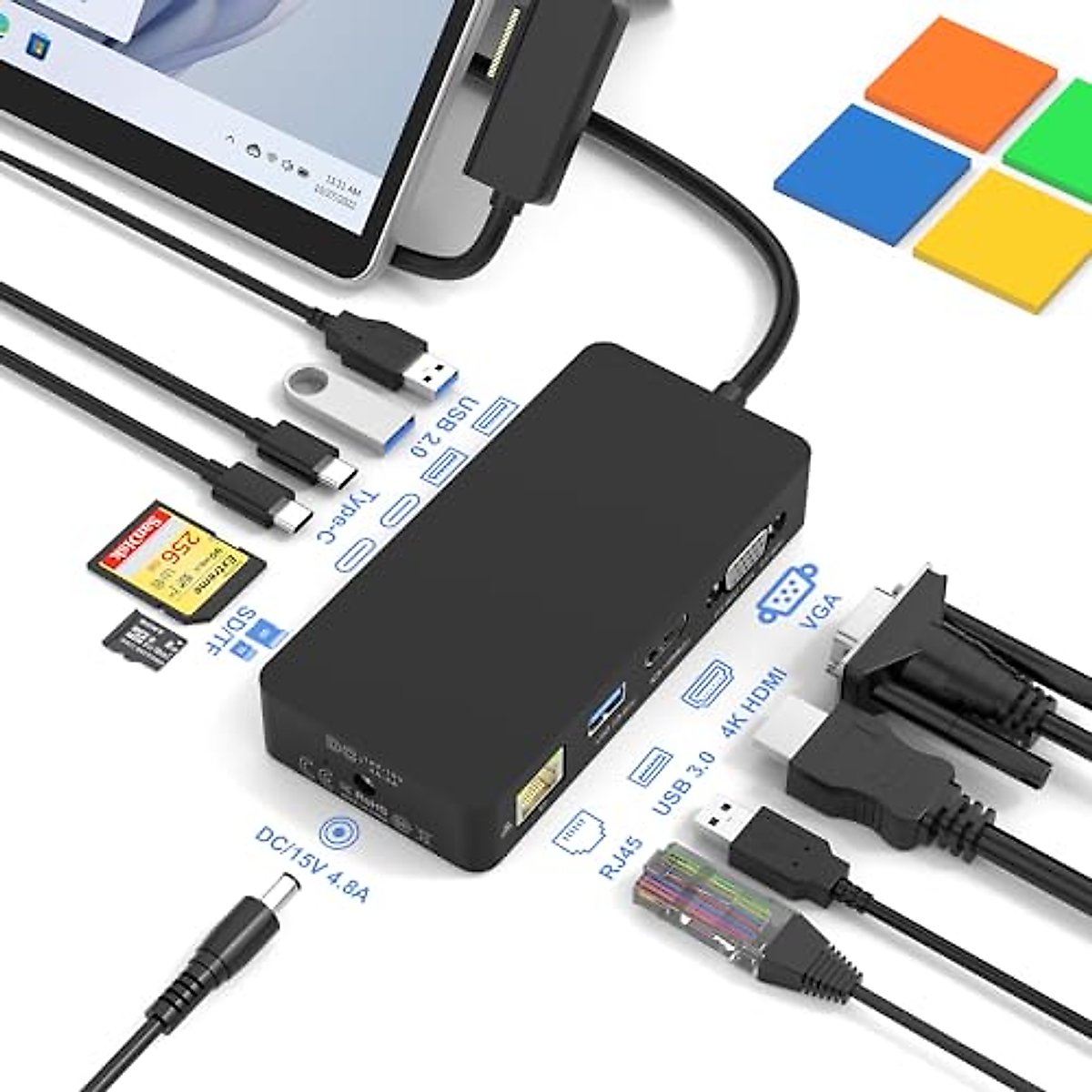 Surface Docking Station, 11-in-1 Triple Display (4K HDMI +VGA) Microsoft Surface Dock with 60W Power for Surface Pro 11/10/9/8/X/7/6/5/4/3, Surface Book 4/3/2, Surface Laptop Go/5/4/3/2/1