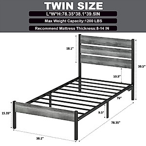 PUNICE Twin Size Bed Frame with Charging Station, LED Light Metal Bed Frame with Wooden Headboard, No Box Spring Required, No Noise, Easy Assembly, Light Grey