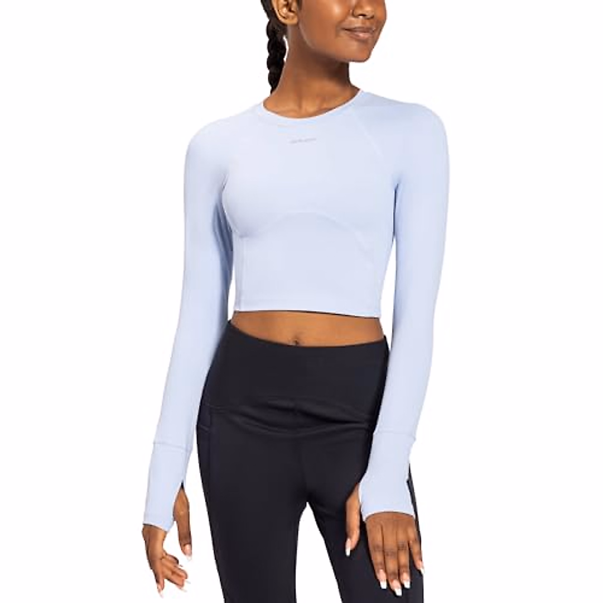 BALEAF Women's Workout Top Long Sleeve Crop Top Athletic Cropped Pullover for Running Gym Yoga Blue M