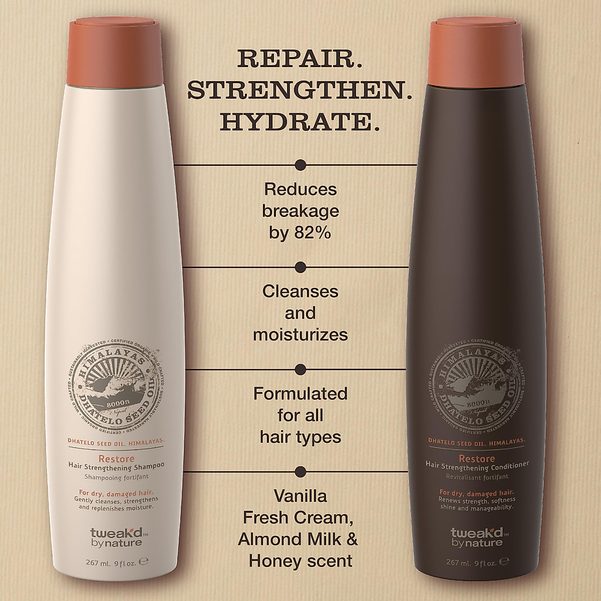 Tweak’d by Nature - Restore Hair Strengthening Shampoo and Conditioner Set, Cleansing and Moisturizing for Shiny and Soft Hair, Cruelty Free (2 x 9 ounces)