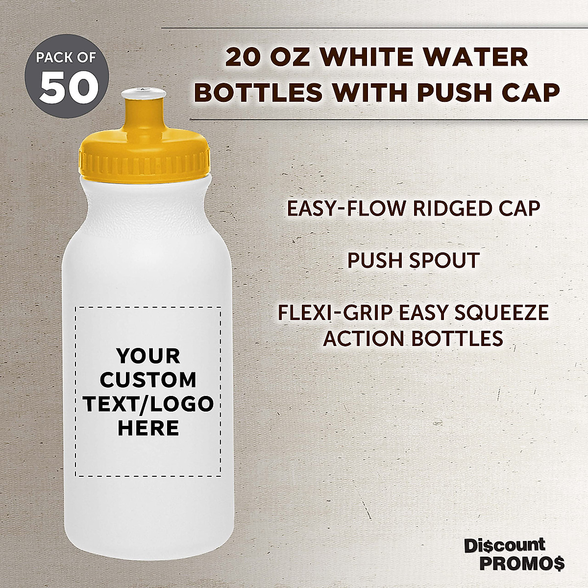 DISCOUNT PROMOS Custom White Water Bottles with Push Cap -50 pack, Customizable Text, Logo, 20 oz, Reusable BPA FREE Squeezable Bottles in Bulk - White Yellow