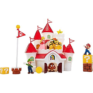 Super Mario Nintendo Deluxe Mushroom Kingdom Castle, Wall Display & Playset with (5) 2.5" Articulated Action Figures (Exclusive Bowser Figure, Princess Peach, Mario, Luigi & Goomba)