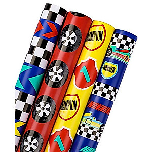 WRAPAHOLIC Birthday Wrapping Paper Roll - Cool Racing Cars and Autodrome Set Perfect for Party, Celebrating, Baby Boy Present Packing - 4 Rolls - 30 inch X 120 inch Per Roll