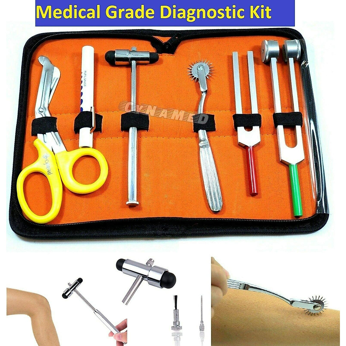 Student Diagnostic Kit- Reflex Hammer & Tuning Fork Set C 128 And C 512 + Wartenberg Pinwheel Premium Steel Bandage Scissor 7.5” (Set Of 6 Reflex Buck Hammer Yellow Scissor Penligh)