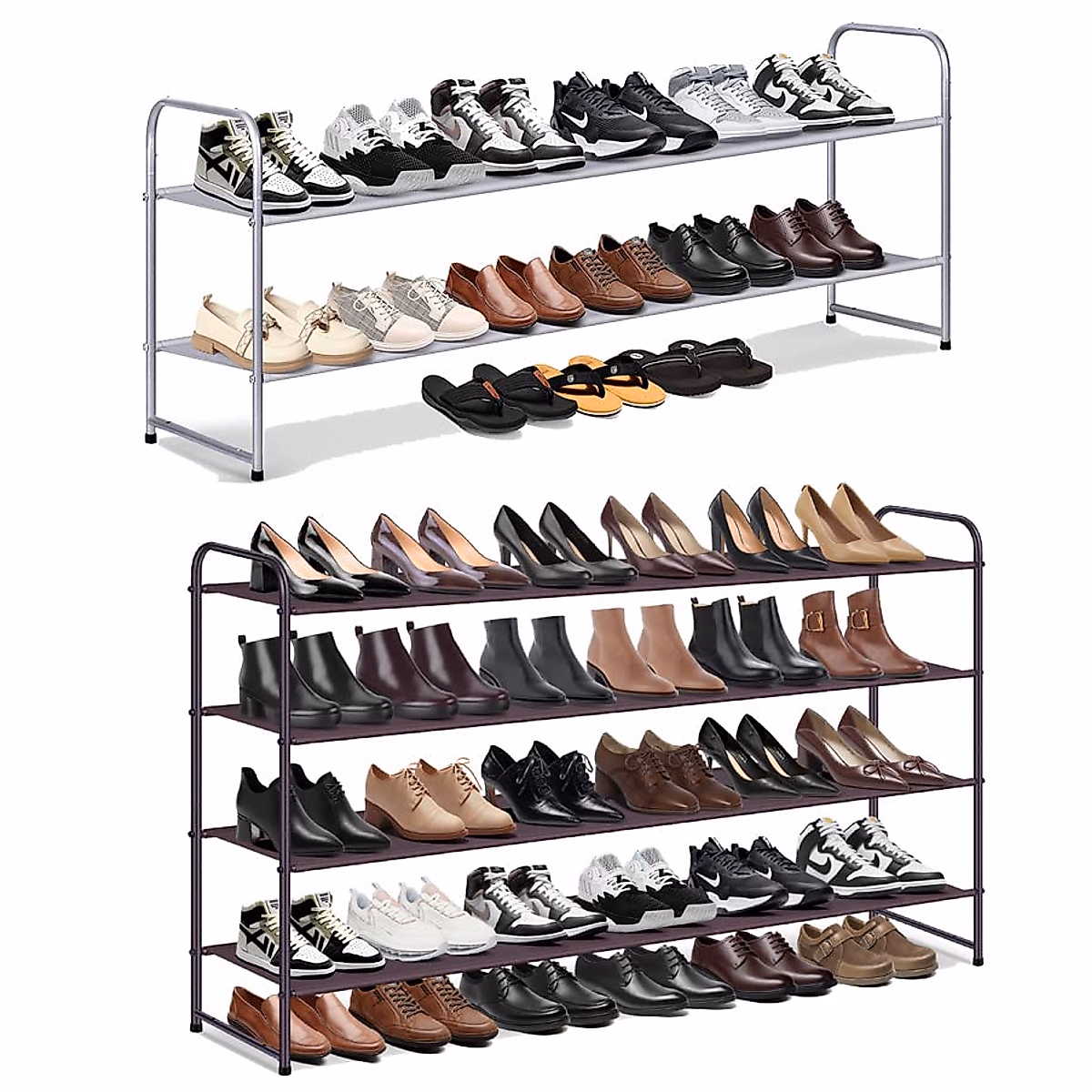 MISSLO 2 Tier Long Shoe Rack for Closet and 4 Tier Long Shoe Organizer for Closet Shoe Organizer Holds Wide Low Stackable Shoe Storage Shelf for Bedroom Floor, Men Boots, Women Heels, Kids Sneakers