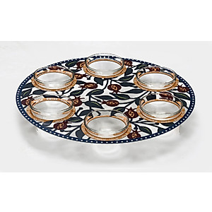 Unique Laser-cut Seder Plate with Glass Insets, Matzah Cover + More Original Judaica Design (Red Pomegranates)