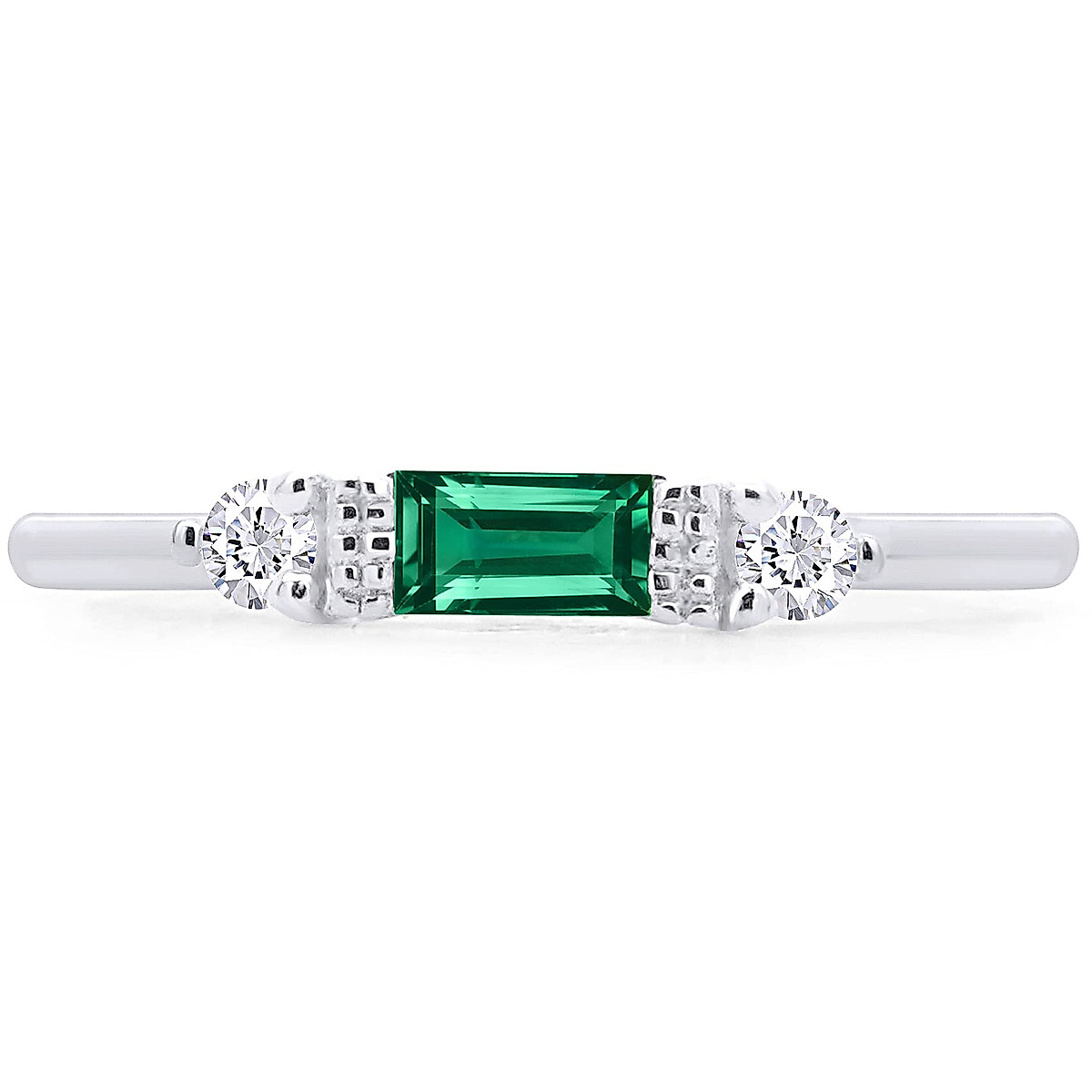AFFY Baguette Cut Simulated Emerald And White Cubic Zirconia In 14K White Gold Plated 925 Sterling Silver Three Stone Design Bridal Engagement Wedding Ring Jewelry For Women Size -7