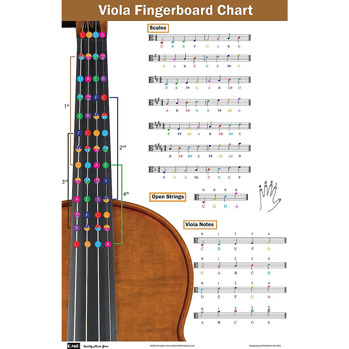Viola Fingering Chart with Color-Coded Notes, Viola Scales Techniques Suitable for All Levels, Made in the USA