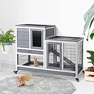 BESTDOOR 43.3'' Rabbit Hutch, Wood Indoor Rabbit Cage On Brake Wheel, Outdoor Large Rolling Bunny Hutch w/Run, Small Animal Guinea Pig Hamster Hedgehog House w/2 Deeper No Leak Tray (Grey White)
