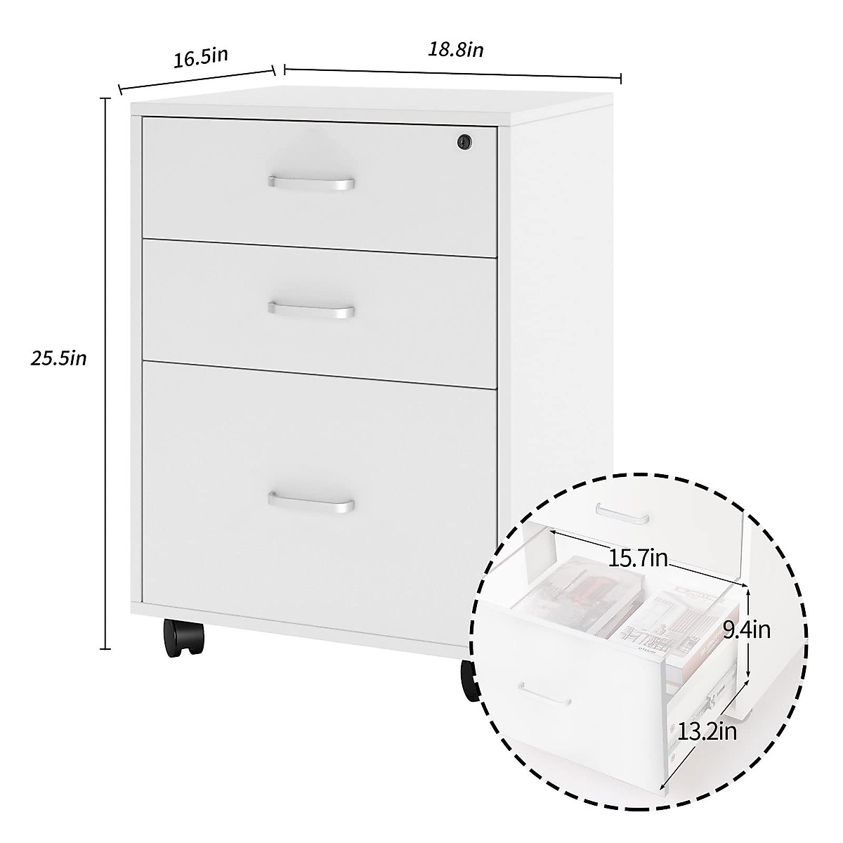 SogesGame 3 Drawer File Cabinet with Lock, Office Storage File Cabinet on Wheels, Mobile Under Desk File Cabinets for Home Office Fits Letter/Legal/A4 Size, White