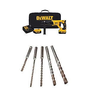 DEWALT DCH133M2 20V Max XR Brushless 1" D-Handle Rotary Hammer Kit with DEWALT DW5470 5-Piece Rock Carbide SDS Plus Hammer Bit Set
