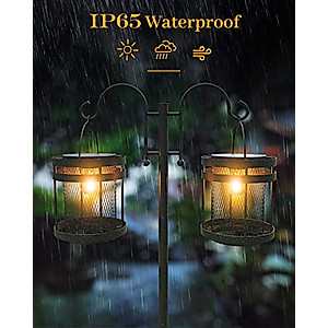 Solar Outdoor Floor Lamp with 2 Hanging Lanterns JACKYLED Solar Landscape Floor Lamp with Shepherd Hook Pole 61'' Tall, IP65 Waterproof Metal Solar Outdoor Lights for Garden Patio Porch Deck Yard Path