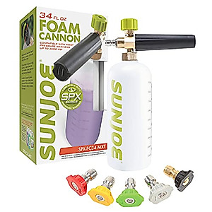 Sun Joe SPX-FC34-MXT Foam Cannon for SPX Series Electric Pressure Washers, 34 Oz, 1/4" Quick Connector, 5 Quick Connect Nozzle Tips, Fits Most Pressure Washers
