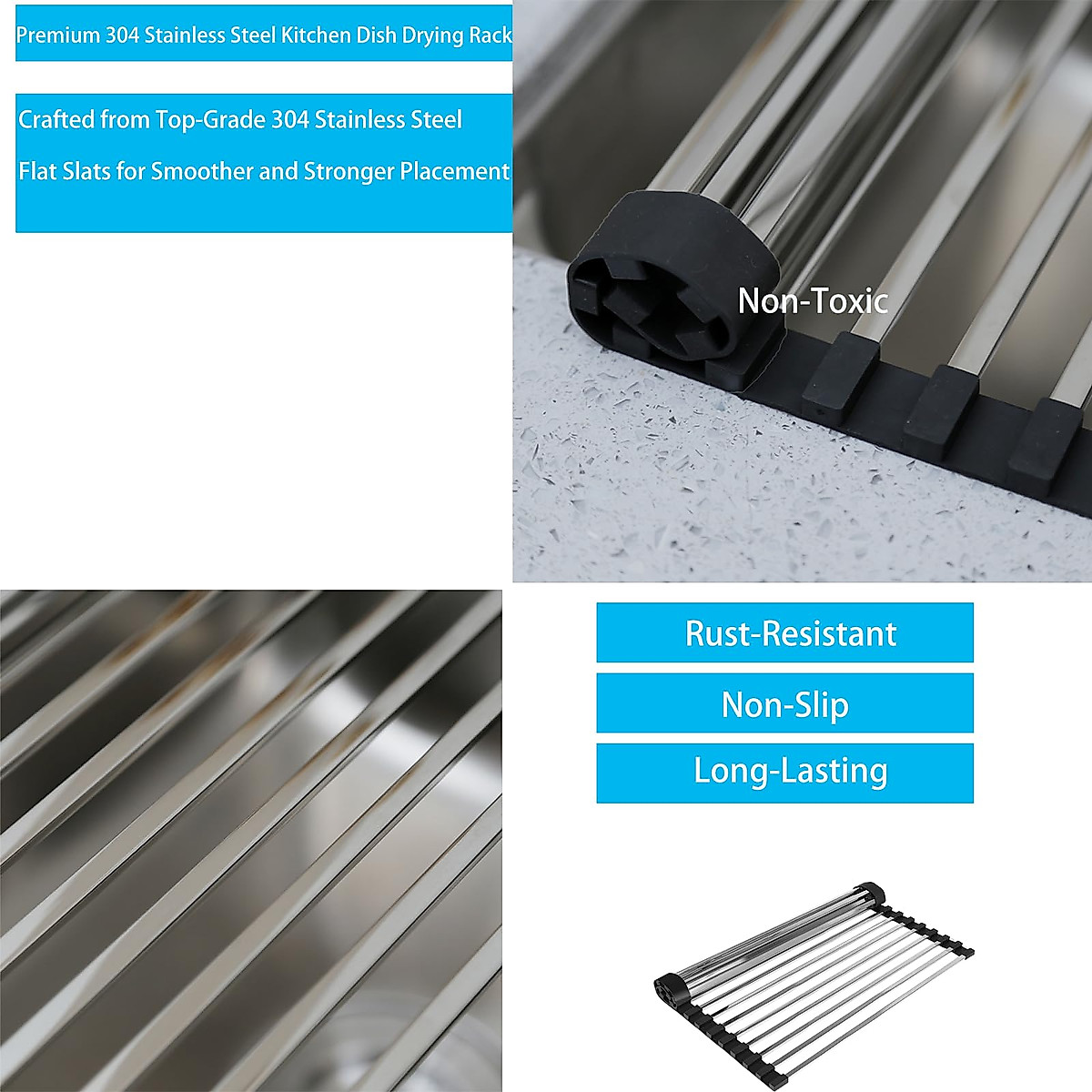 Roll Up Dish Drying Rack Over Sink Over The Sink Dish Drying Rack Kitchen Dish Drainer, Folding Dish Rack for Kitchen Sink Counter Stainless Steel Rectangular Tubing Mat Foldable Dish Dryer Racks