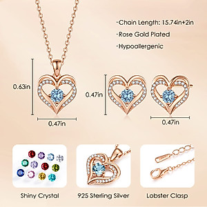 CDE Jewelry Sets for Women Love Heart Pendant Necklaces Earrings, 925 Sterling Silver with Birthstone Zirconia, Mother's Day Christmas Birthday Anniversary Valentine's Day Jewelry Gifts for Women Mom Wife Girlfriend Her