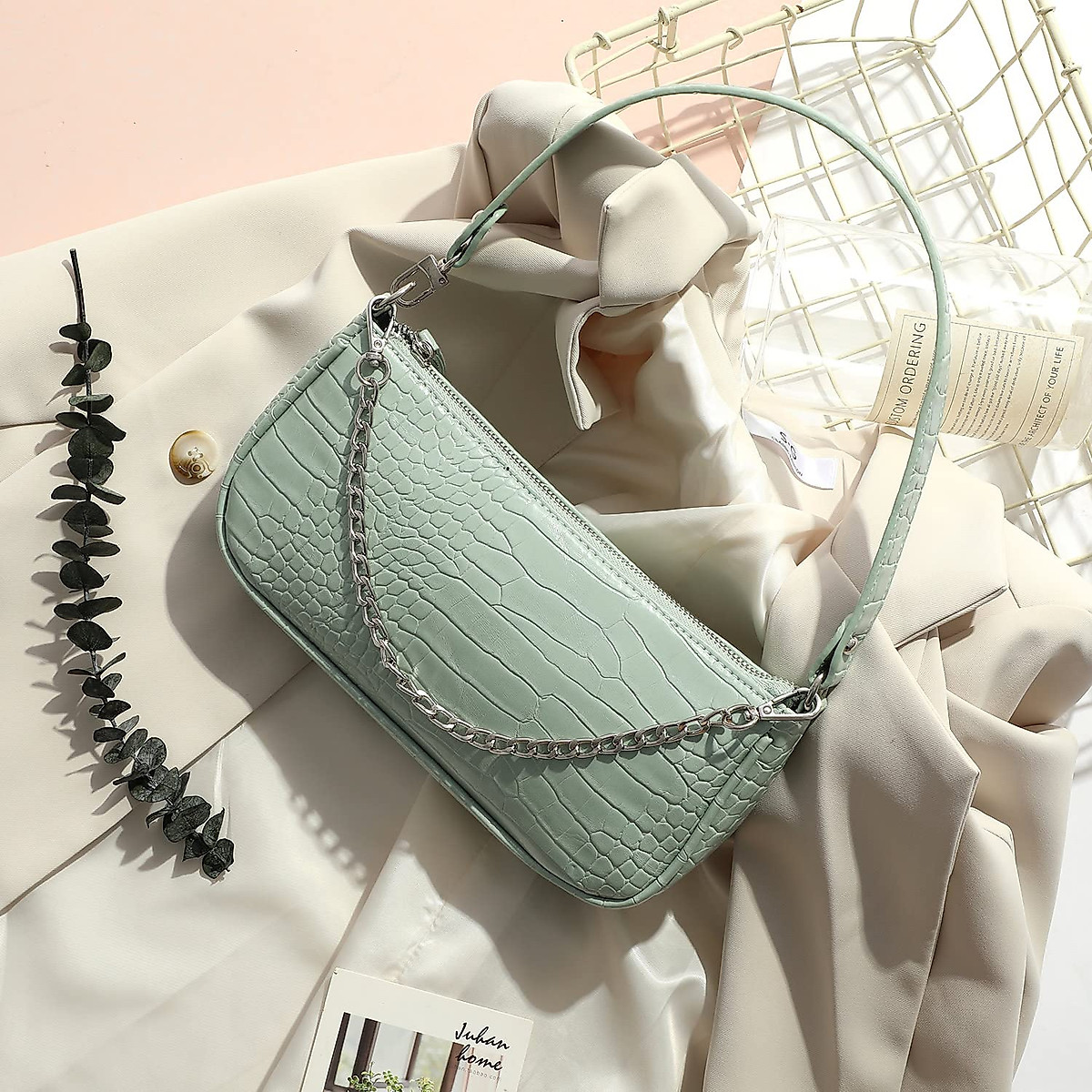 Loiral Shoulder Bags for Women, Retro Classic Tote HandBag Crocodile Pattern Clutch Purse with Zipper Closure, Light Green