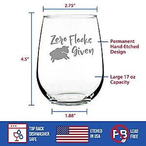 Zero Flocks Given Sheep - Funny Stemless Wine Glass - Cute Farm Animal Gifts for Women - Fun Lamb Decor - Large