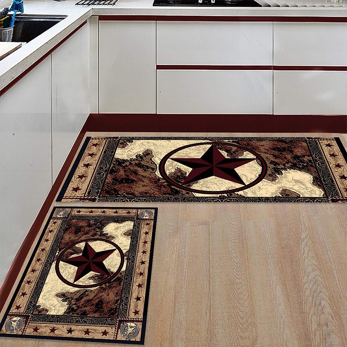 Independence Day 2 Pieces Kitchen Rug Mat Set Retro Star Map Absorbent Soft Runner Carpets Country Pentagram Border Nostalgic Classic Non Slip Doormat Floor Mats Throw Runner Rug for Living Room