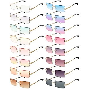 16 Pairs Rimless Rectangle Sunglasses Tinted Frameless Square Glasses Vintage Rimless Eyewear Transparent Candy Color Unisex Glasses for Men Women