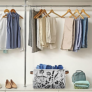 susiyo Black White Wildflowers Floral Storage Bins, 14 x 10 inch Canvas Storage Basket for Shelves Closet Organizing - 1 Piece